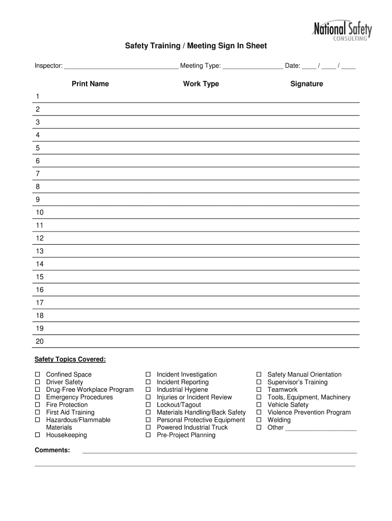 Fillable Online Safety Training / Meeting Sign In Sheet Fax Email Print ...