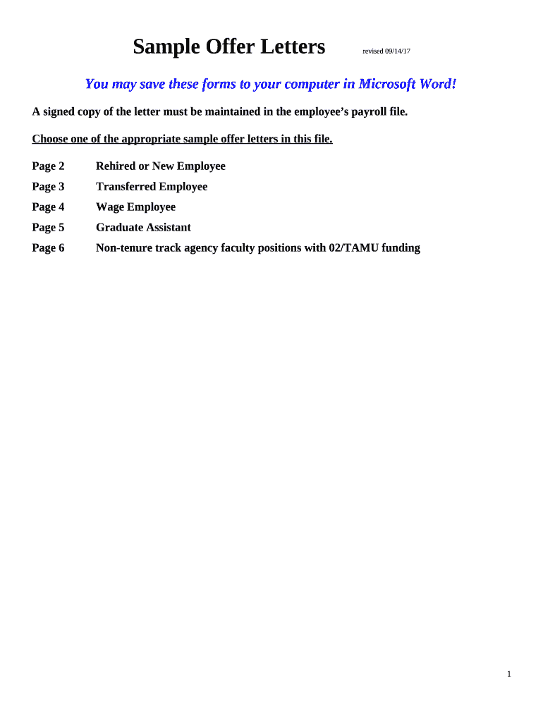 Sample Offer Lettersrevised 09/14/17 Doc Template | pdfFiller