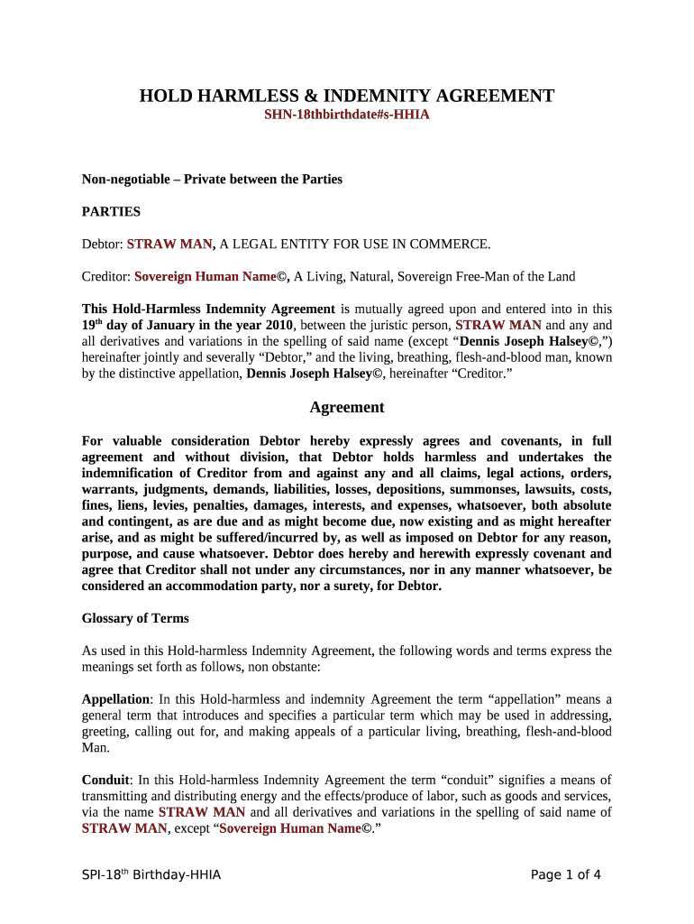 HOLD HARMLESS & INDEMNITY AGREEMENT Doc Template | pdfFiller