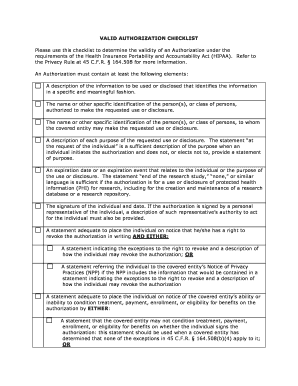 Fillable Online VALID AUTHORIZATION CHECKLIST Fax Email Print - pdfFiller