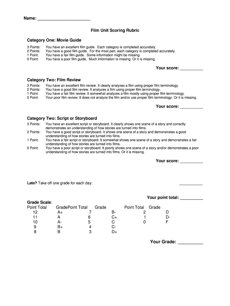 Fillable Online Film Unit Scoring Rubric Fax Email Print - pdfFiller