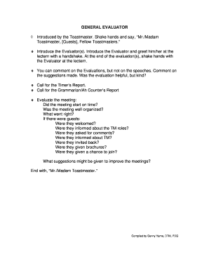 Toastmasters General Evaluation Form | pdfFiller
