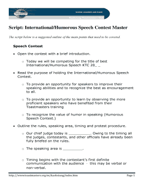 Fillable Online Script: International/Humorous Speech Contest Master ...