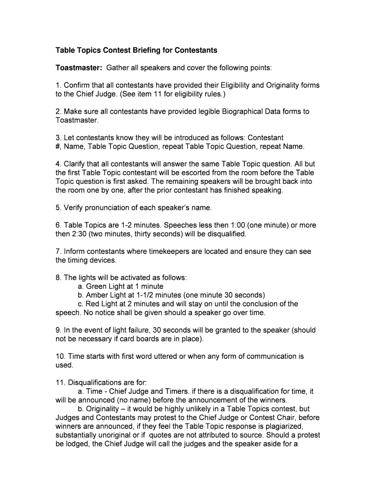Fillable Online Table Topics Contest Briefing for Contestants Fax Email ...