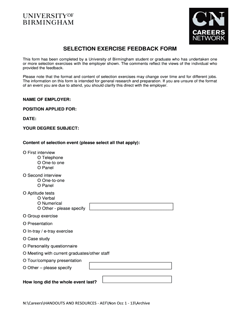 Fillable Online SELECTION EXERCISE FEEDBACK FORM Fax Email Print ...