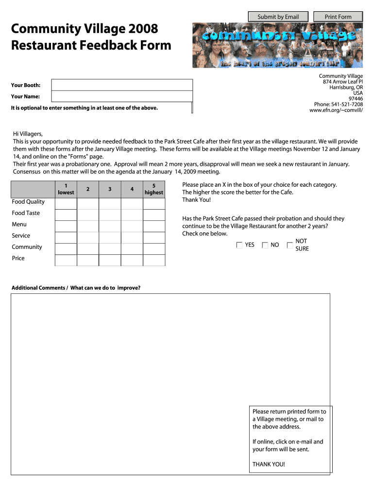 Fillable Online Restaurant Feedback Form Fax Email Print - pdfFiller