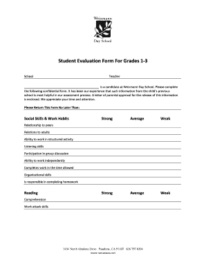 Fillable Online Student Evaluation Form For Grades 1-3 Fax Email Print ...