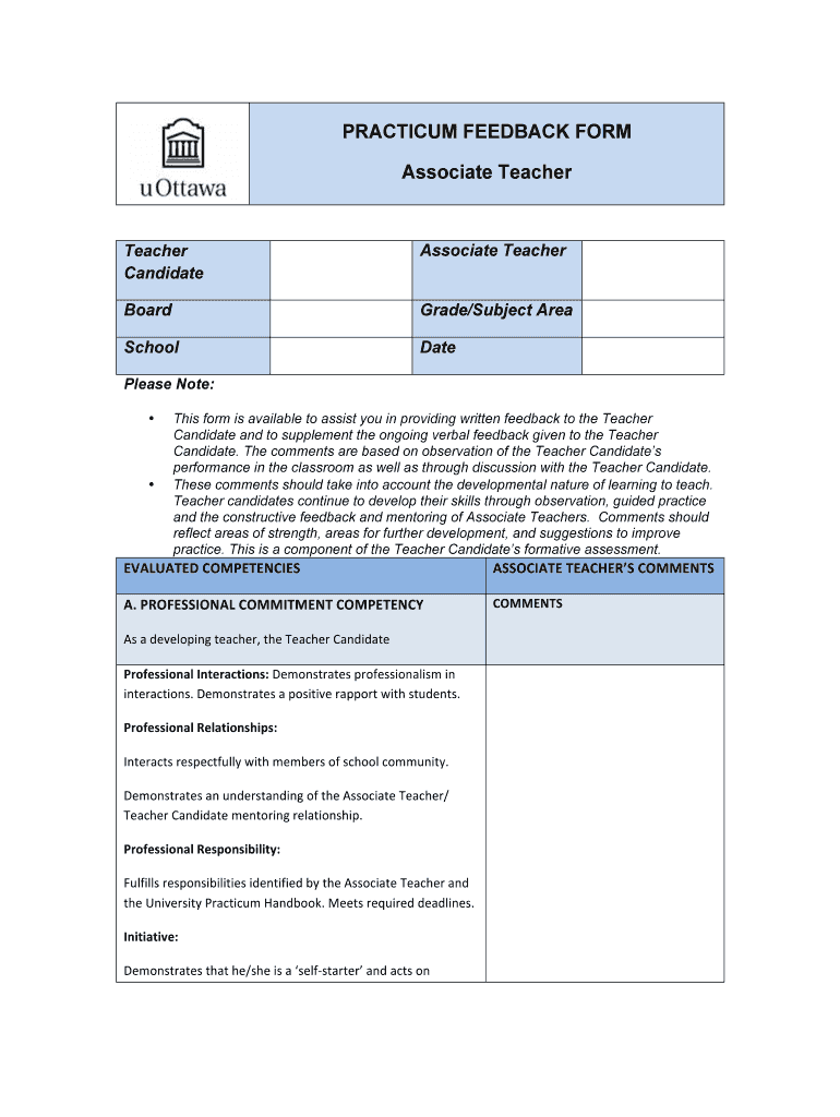 Fillable Online PRACTICUM FEEDBACK FORM Fax Email Print - pdfFiller