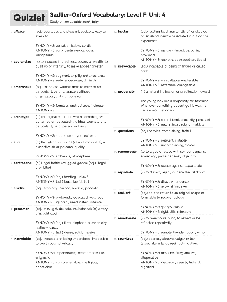 Fillable Online Sadlier-Oxford Vocabulary: Level F: Unit 4 Fax Email ...