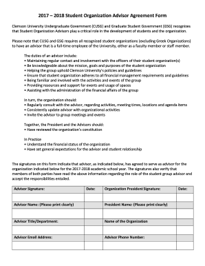 Fillable Online 2017 2018 Student Organization Advisor Agreement Form ...