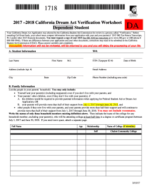 Fillable Online 2017 2018 California Dream Act Verification Worksheet ...