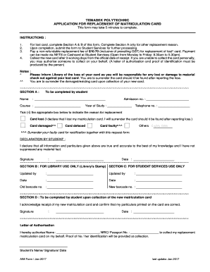 Fillable Online APPLICATION FOR REPLACEMENT OF MATRICULATION CARD Fax ...