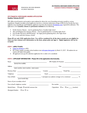 Fillable Online mial sfu SFU FINANCIAL NEED BASED AWARDS APPLICATION ...