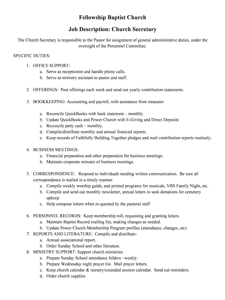 Fillable Online Job Description: Church Secretary Fax Email Print ...