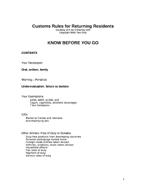 Customs Rules for Returning Residents Doc Template | pdfFiller