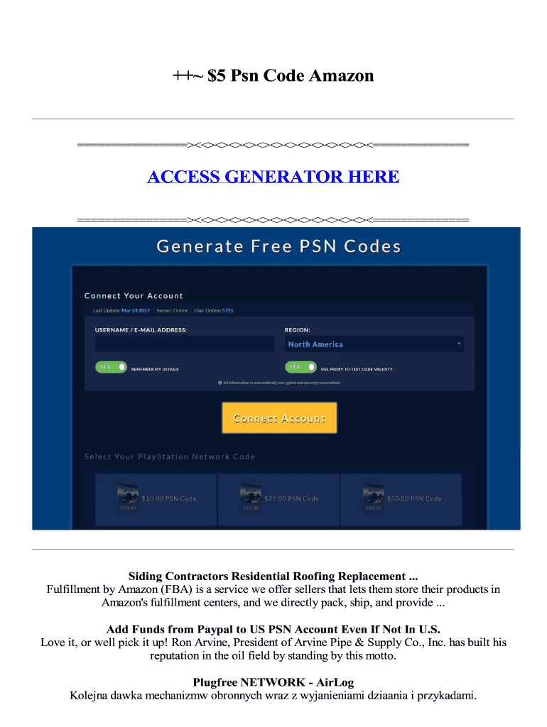 Fillable Online ++ $5 Psn Code Amazon Fax Email Print - pdfFiller