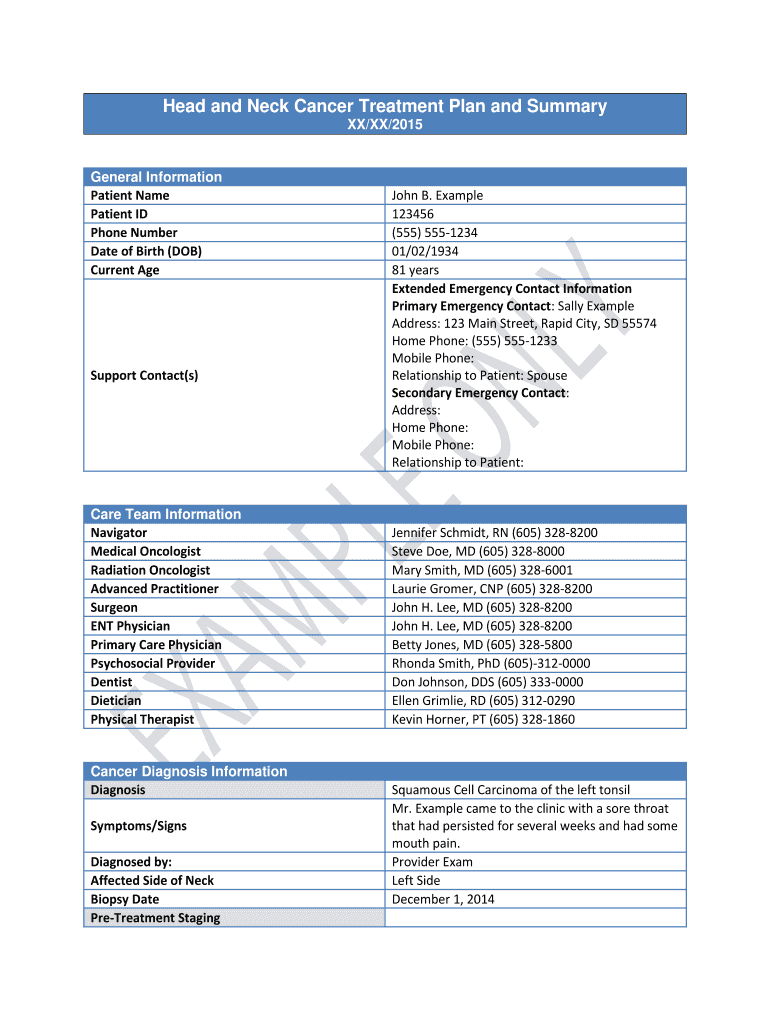 Fillable Online Head and Neck Cancer Treatment Plan and Summary Fax ...