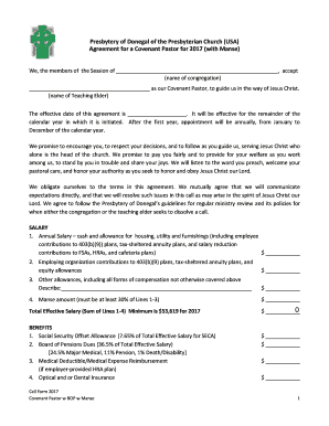 Fillable Online Agreement for a Covenant Pastor for 2017 (with Manse ...