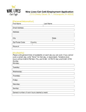 Fillable Online Nine Lives Cat Caf Employment Application Fax Email ...