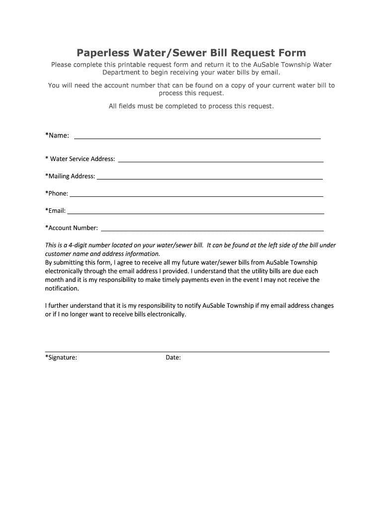 Fillable Online Paperless Water/Sewer Bill Request Form Fax Email Print ...