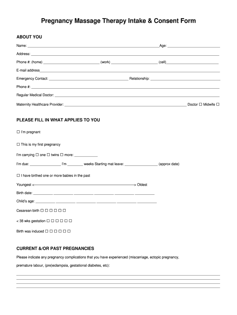 Fillable Online Pregnancy Massage Therapy Intake & Consent Form Fax ...
