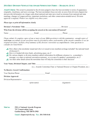 Fillable Online 2016 BEST DIVISION NEWSLETTER AWARD NOMINATION FORM ...