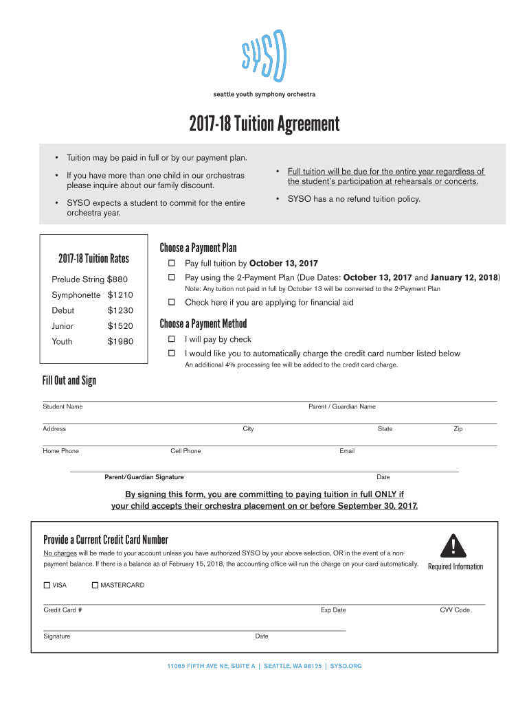 Fillable Online 2017-18 Tuition Agreement Fax Email Print - pdfFiller