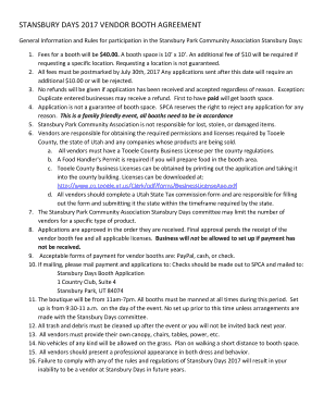 Fillable Online STANSBURY DAYS 2017 VENDOR BOOTH AGREEMENT Fax Email ...