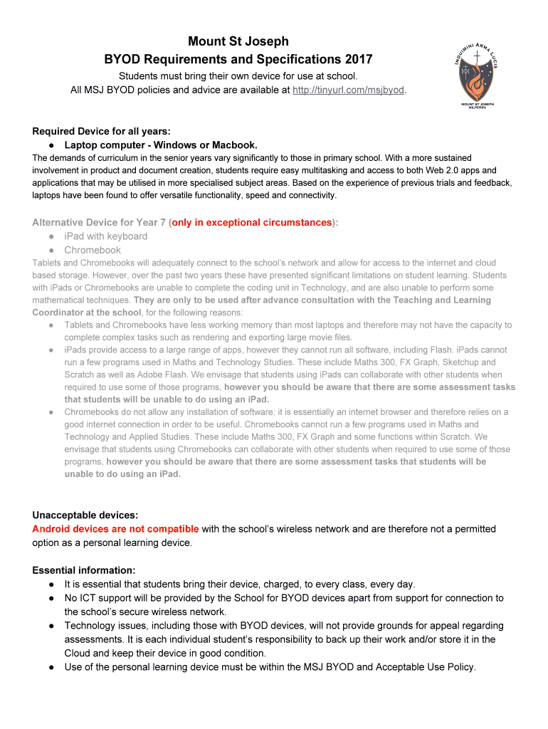 Fillable Online Students must bring their own device for use at school ...