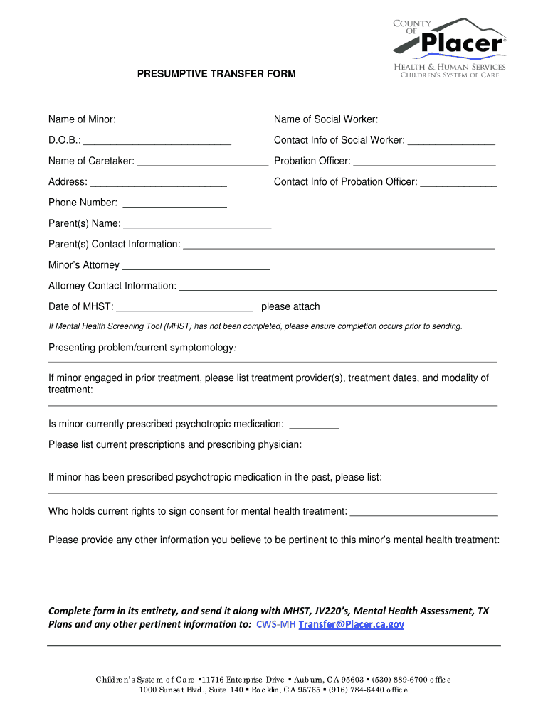 Fillable Online PRESUMPTIVE TRANSFER FORM Fax Email Print - pdfFiller