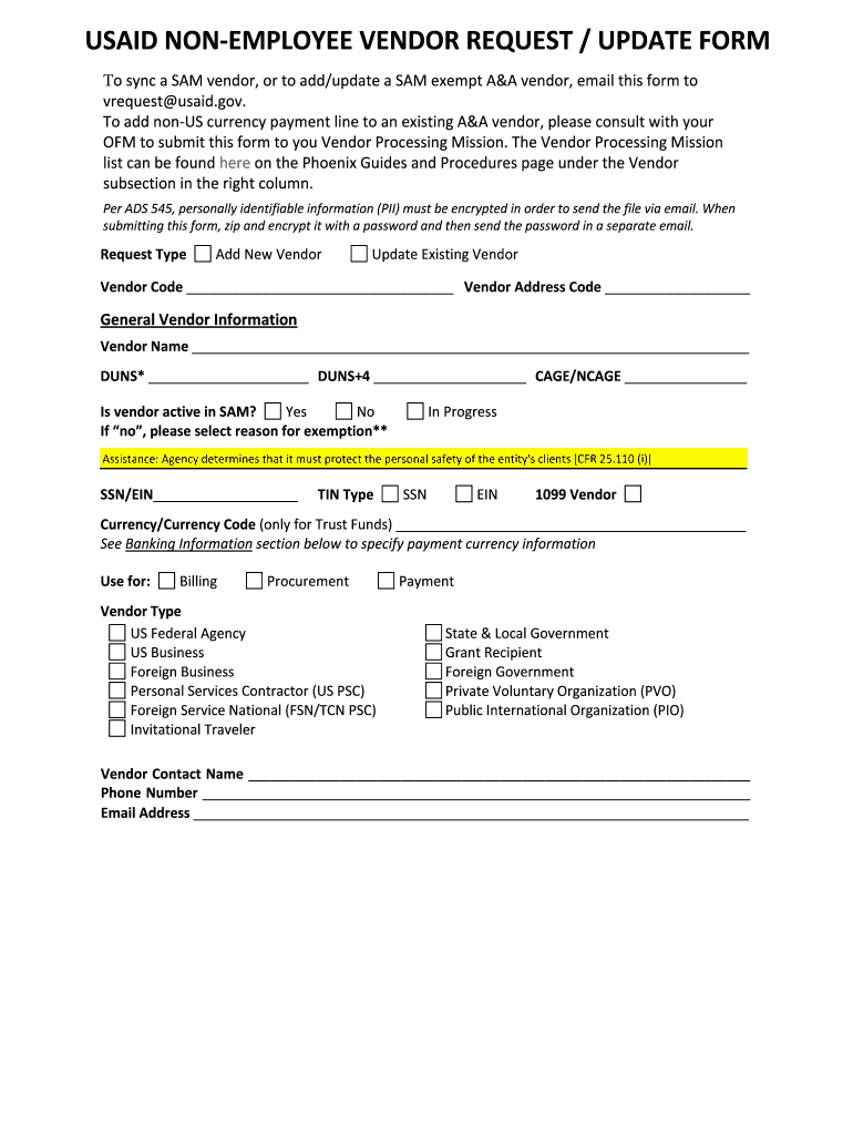 Fillable Online USAID NON-EMPLOYEE VENDOR REQUEST / UPDATE FORM Fax ...