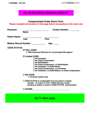 Fillable Online ICU SEVERE SEPSIS ADMISSION ORDER SET Fax Email Print ...
