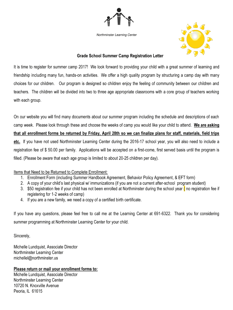 Fillable Online Grade School Summer Camp Registration Letter Fax Email ...