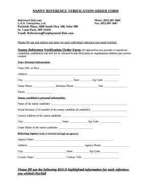 NANNY REFERENCE VERIFICATION ORDER Doc Template | pdfFiller
