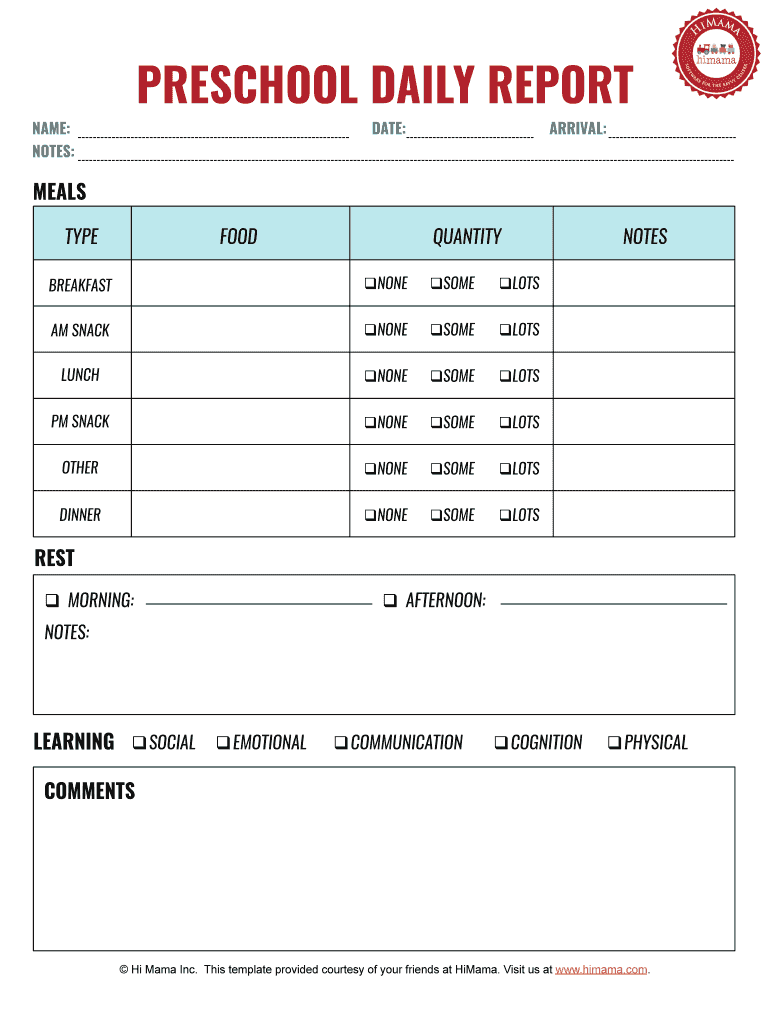 Fillable Online PRESCHOOL DAILY REPORT Fax Email Print - pdfFiller