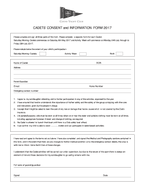 Fillable Online CADETS CONSENT and INFORMATION FORM 2017 Fax Email ...