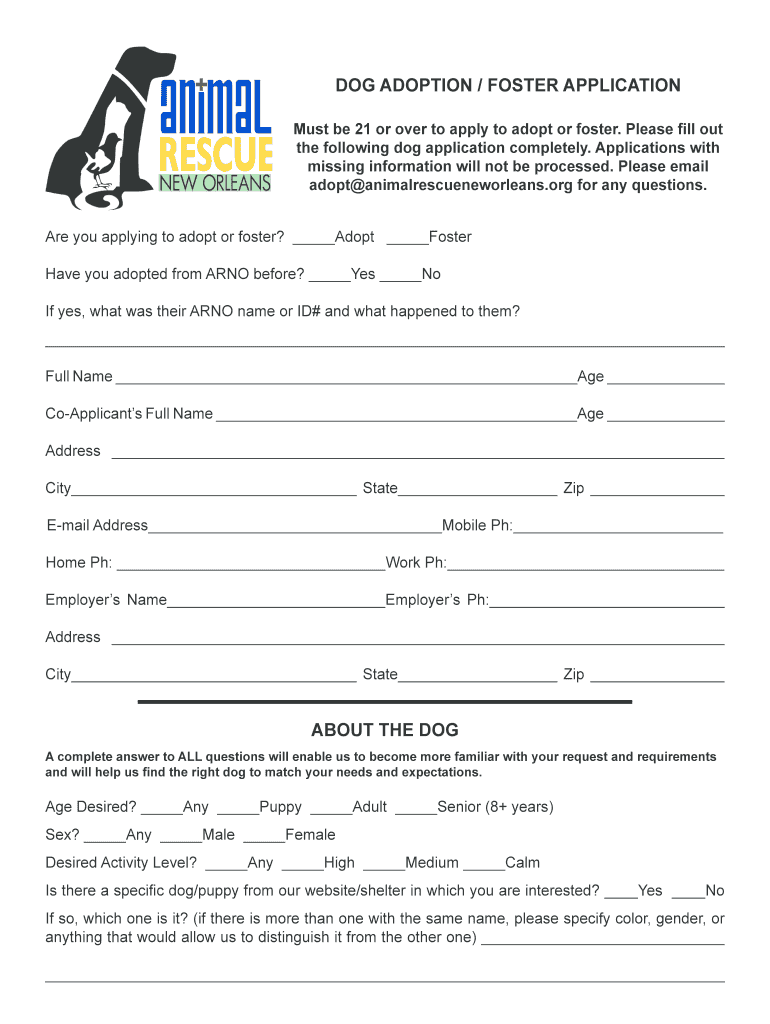 Fillable Online DOG ADOPTION / FOSTER APPLICATION Fax Email Print ...