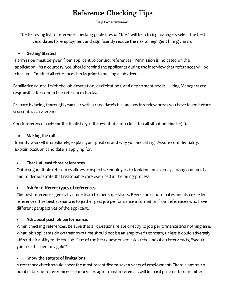 Fillable Online Reference Checking Tips Fax Email Print - pdfFiller