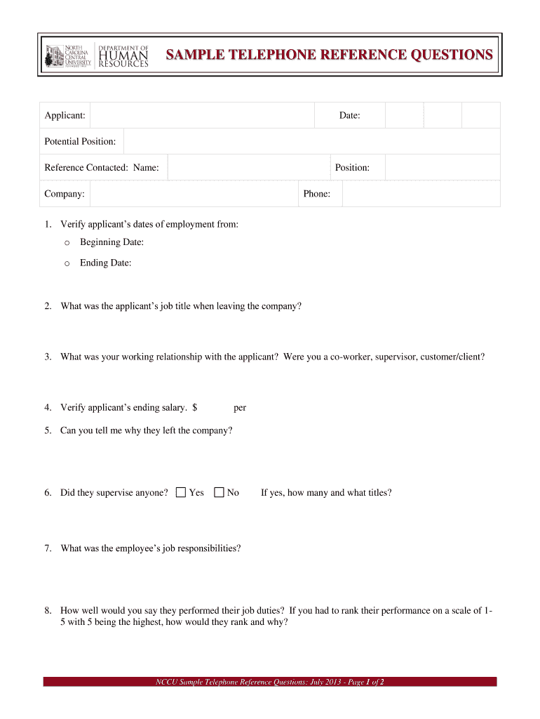 Fillable Online SAMPLE TELEPHONE REFERENCE QUESTIONS Fax Email Print ...
