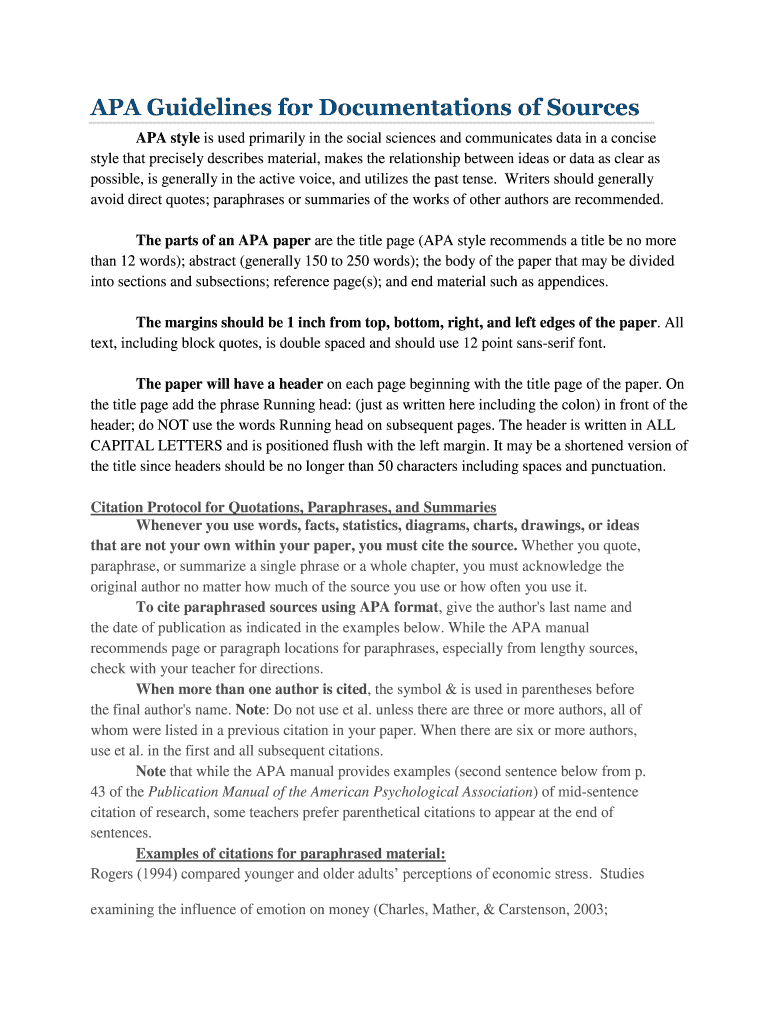 Fillable Online APA Guidelines for Documentations of Sources Fax Email ...