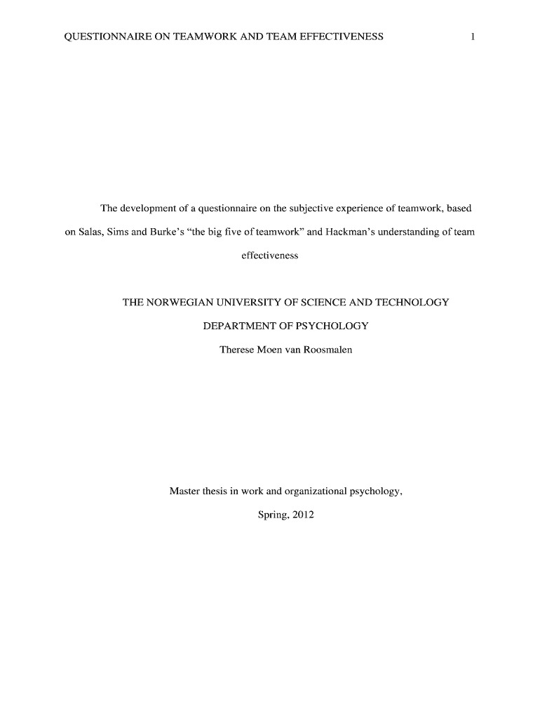 Fillable Online QUESTIONNAIRE ON TEAMWORK AND TEAM EFFECTIVENESS Fax ...