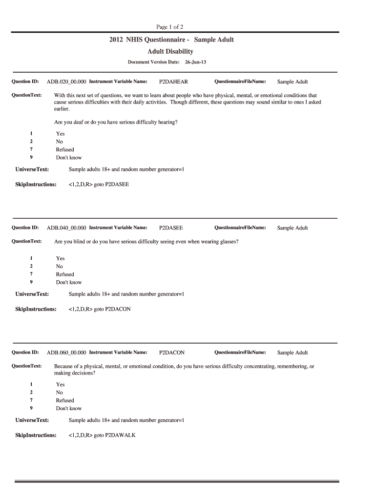 Fillable Online 2012 NHIS Questionnaire - Sample Adult Fax Email Print ...