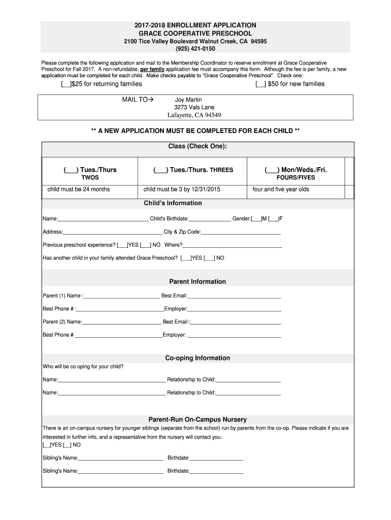 Fillable Online GRACE COOPERATIVE PRESCHOOL Fax Email Print - pdfFiller