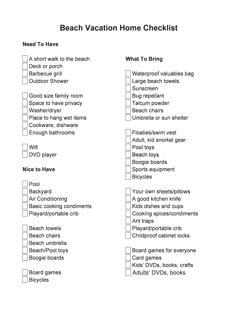 Fillable Online Beach Vacation Home Checklist Fax Email Print - pdfFiller