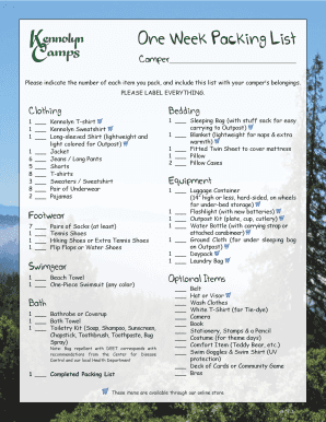 Fillable Online One Week Packing List Fax Email Print - pdfFiller
