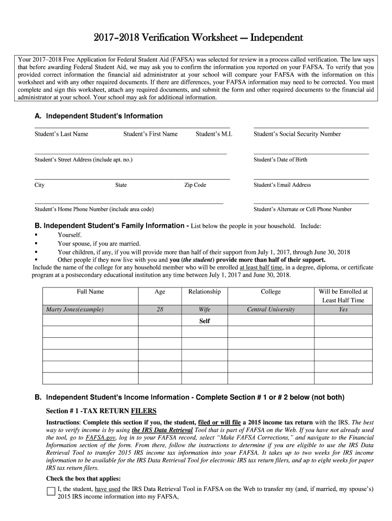 Fillable Online 20172018 Verification Worksheet --- Independent Fax Email Print - pdfFiller