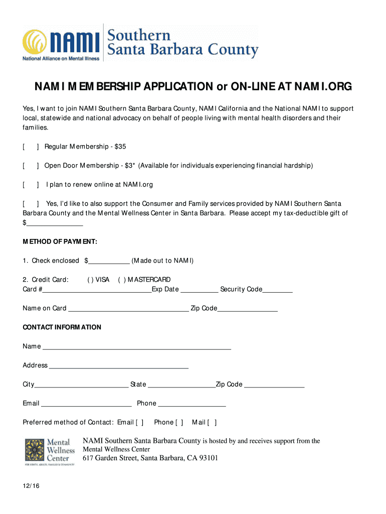 Fillable Online NAMI MEMBERSHIP APPLICATION or ON-LINE AT NAMI Fax ...