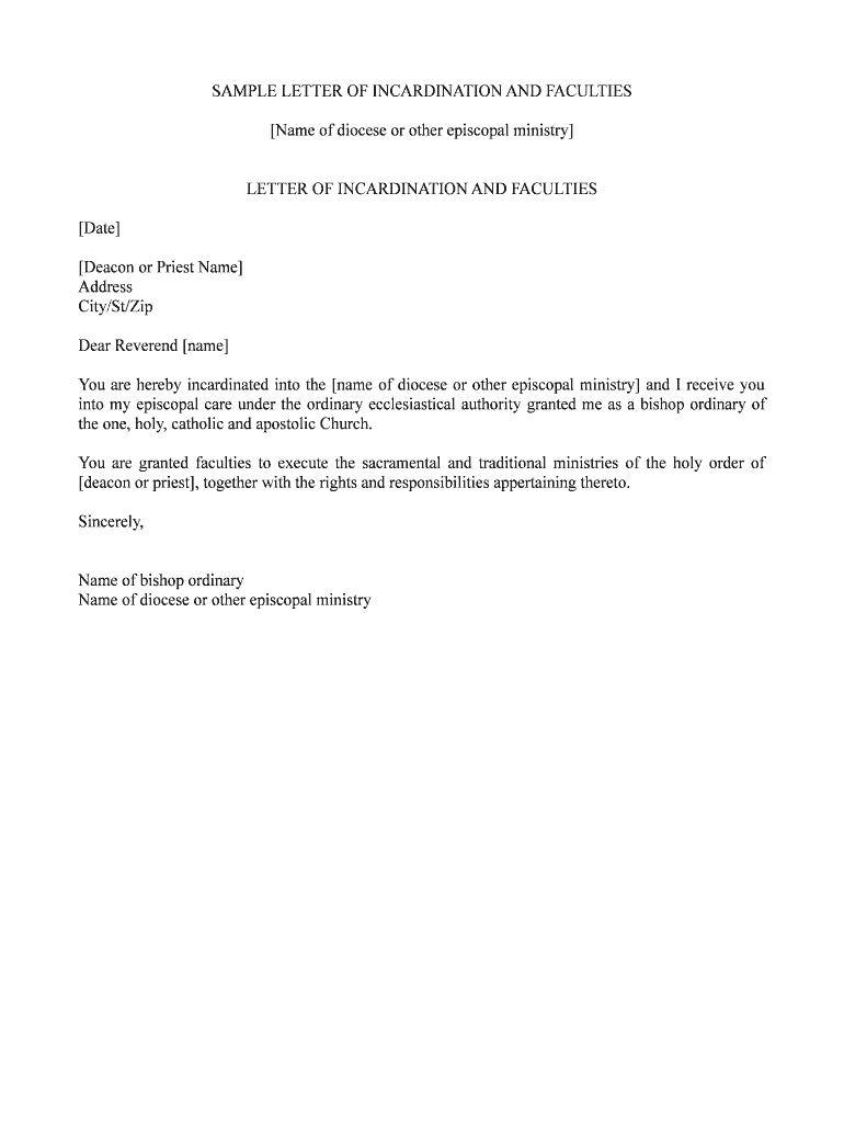 Fillable Online SAMPLE LETTER OF INCARDINATION AND FACULTIES Fax Email ...