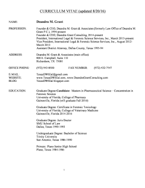 Fillable Online CURRICULUM VITAE (updated 8/20/16) Fax Email Print - pdfFiller