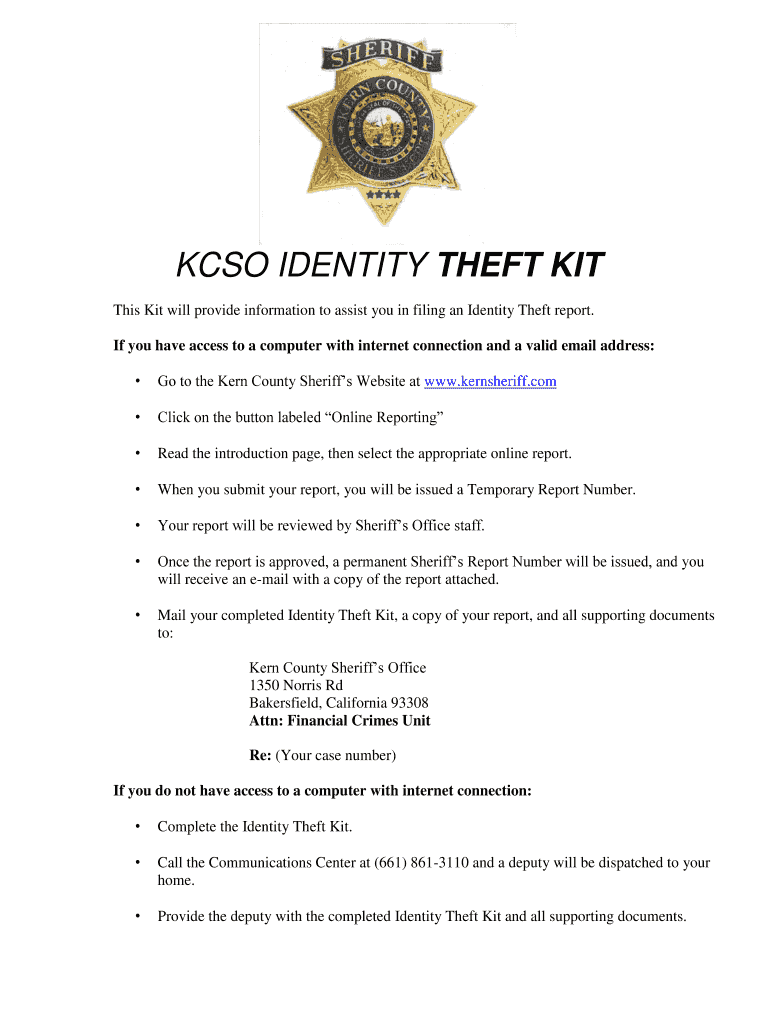 Fillable Online KCSO IDENTITY THEFT KIT Fax Email Print - pdfFiller